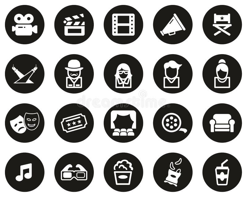Movie or Movie Industry Icons White on Black Flat Design Circle Set Big ...