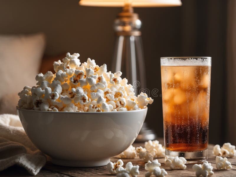 Movie Night Essentials Featuring Popcorn and a Soda Drink on a Cozy ...