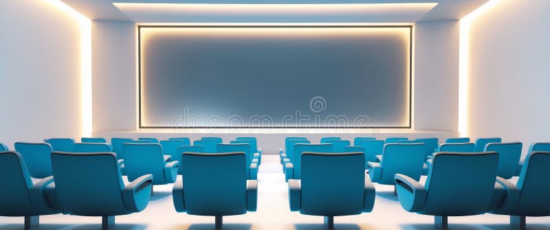 A Movie Theater with a Large Screen and Blue Seats. Stock Image - Image ...