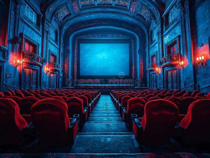 A Movie Theater with Red Seats and a Blue Screen Stock Photo - Image of ...