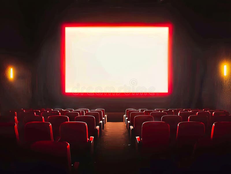 A Movie Theater with Rows of Red Chairs and a Large Screen Stock Image ...