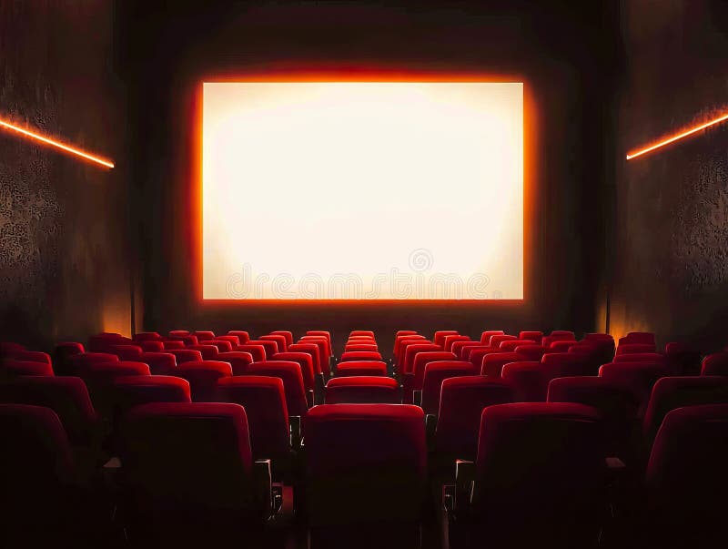 A Movie Theater with Rows of Red Seats and a Large Screen Stock Photo ...