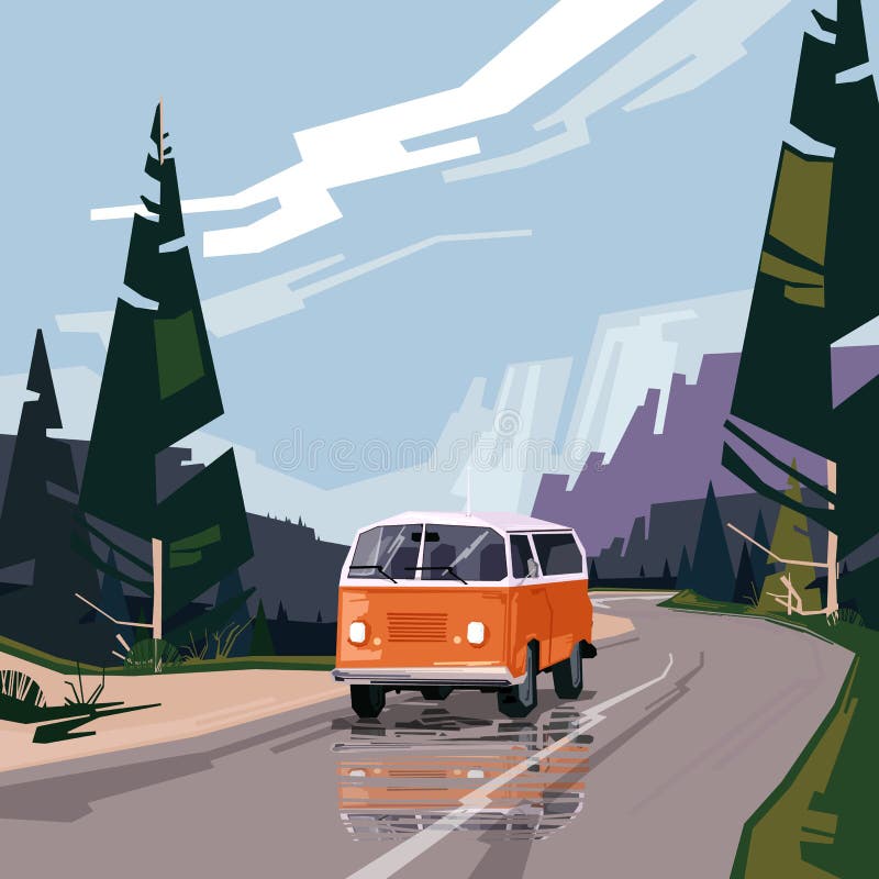 Moving on an Asphalt Road in the Woods Van, Front View. Stock ...
