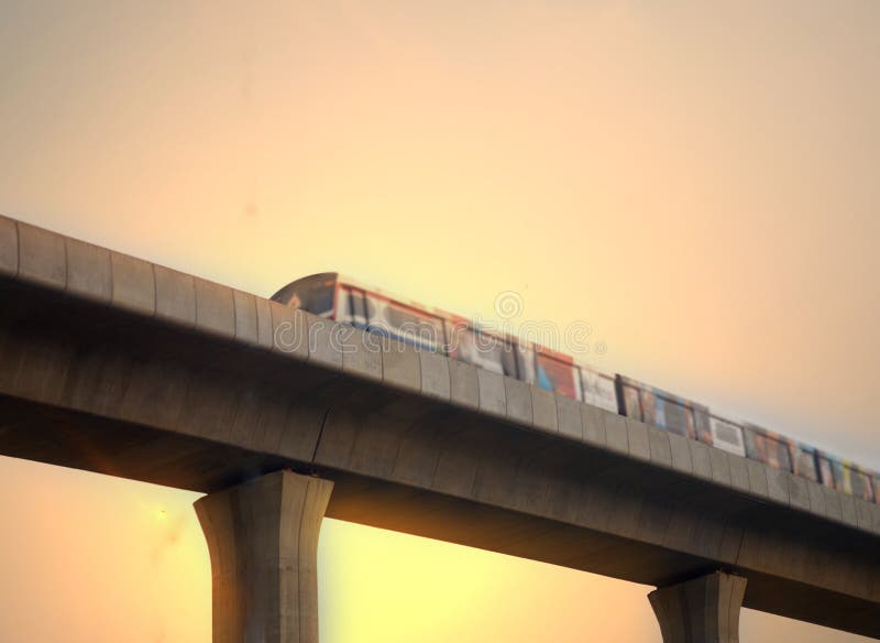 Moving Blur of Sky Train on Fly Over Track with Sun Light Stock Photo ...