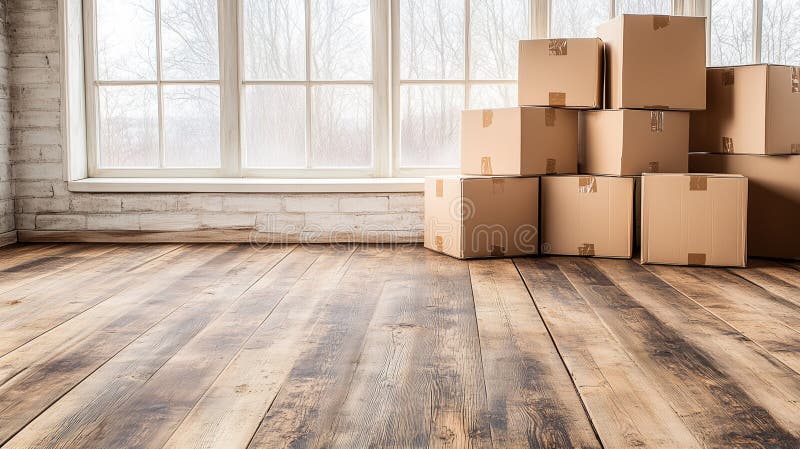 Moving Boxes in Empty Room with Big Window and Wooden Floor Stock ...