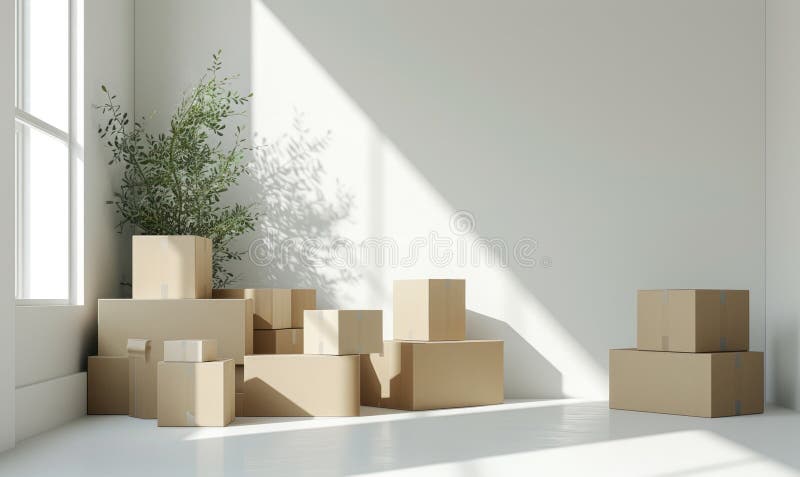 Moving Boxes in Empty Room with Green Plants. Space for Text Stock ...