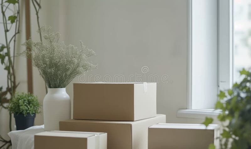 Moving Boxes in Empty Room with Green Plants. Space for Text Stock ...