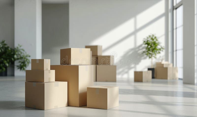 Moving Boxes in Empty Room with Green Plants. Space for Text Stock ...