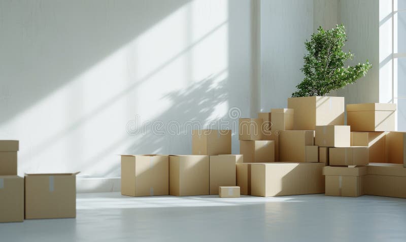 Moving Boxes in Empty Room with Green Plants. Space for Text Stock ...