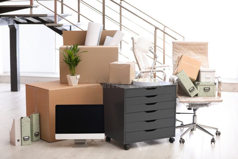 Moving Boxes and Furniture in Office Stock Image - Image of moving ...