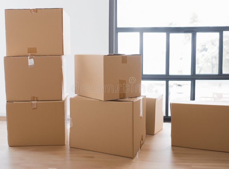 Moving Boxes in New House on Floor Stock Image - Image of plywood, room ...