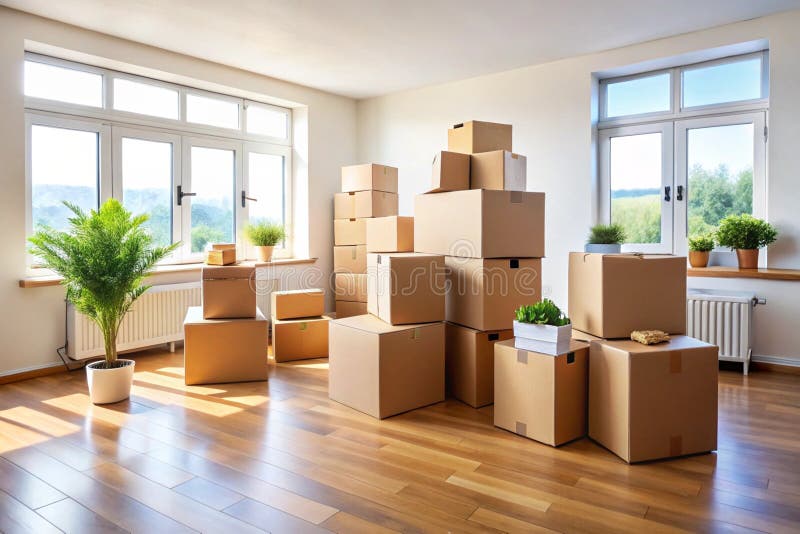 Moving Boxes Pile in New Empty Room Stock Illustration - Illustration ...