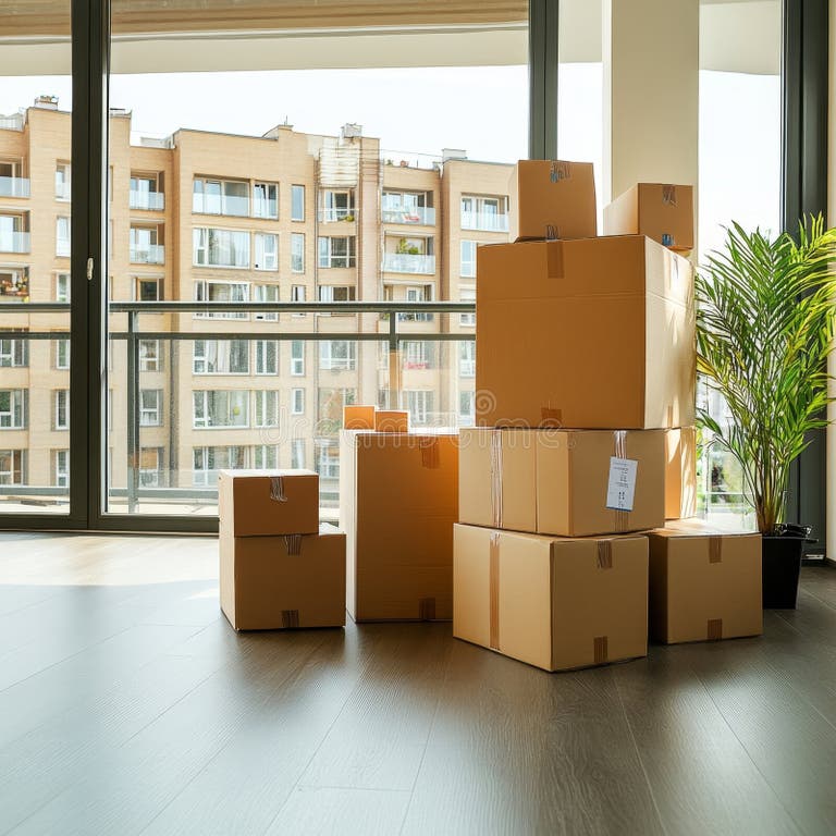Moving Boxes in the Room with a Panoramic View of the City Stock ...
