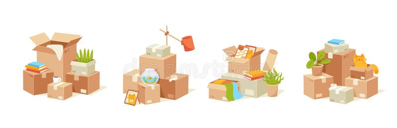 Moving Boxes Stack. Cardboard Box with Items. Relocation, Packing ...