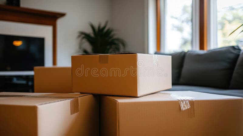 Moving Boxes Stacked in Cozy Living Room with Natural Light Stock Image ...