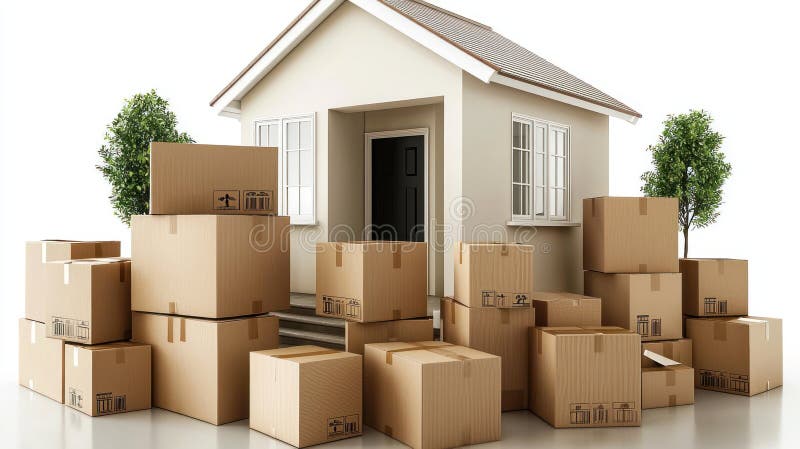 Moving Boxes Stacked Outside New House, Ready for Relocation Stock ...