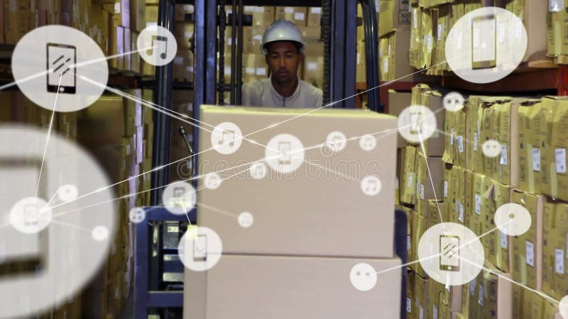 Moving Boxes in Warehouse, Forklift Operator with Network Connections ...