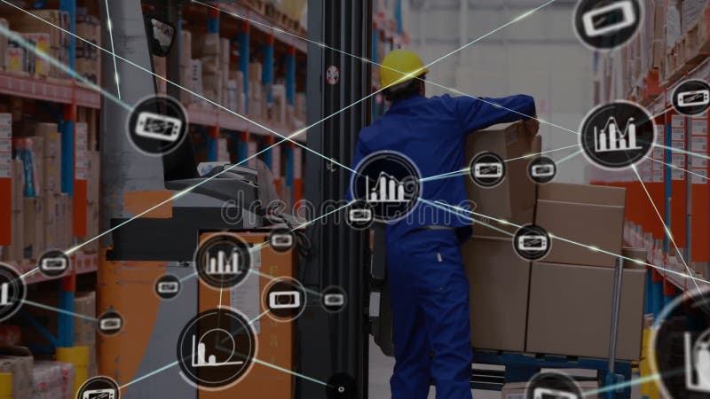 Moving Boxes in Warehouse, Worker with Data Processing Animation ...