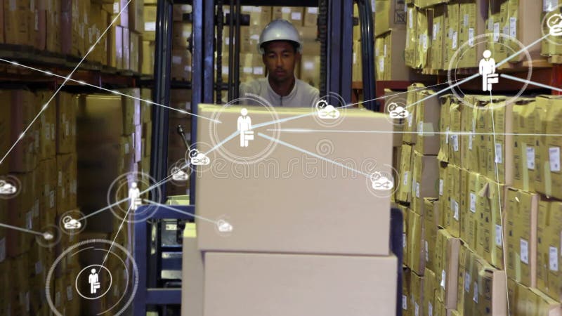 Moving Boxes in Warehouse, Worker with Network Connections Animation ...