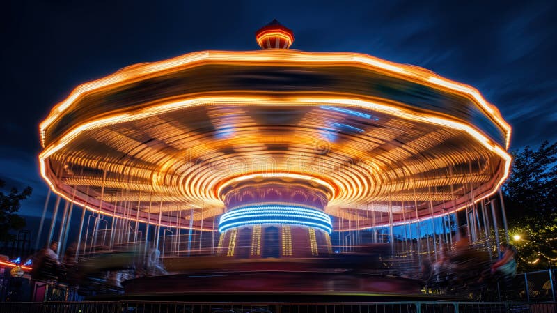 Moving Carousel at Evening, Long Exposure, Light Trails. Stock Image ...