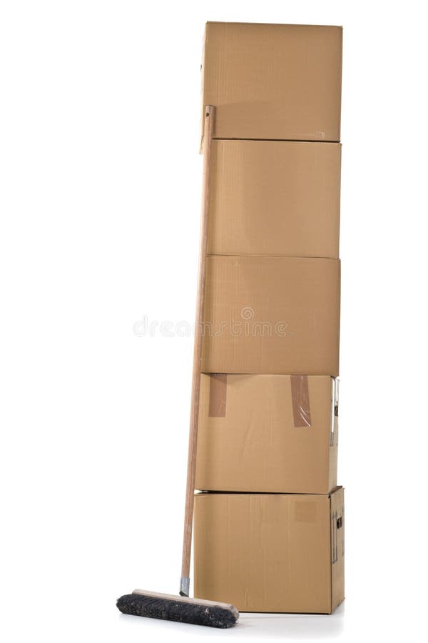 Moving Carton Boxes Stack With Broom Stock Image - Image of many, stack ...