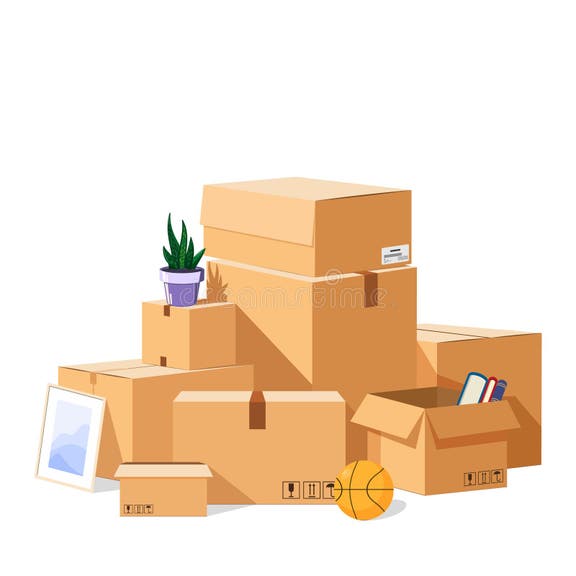 Moving Concept. Cardboard Boxes in Different Sizes and Shapes with ...