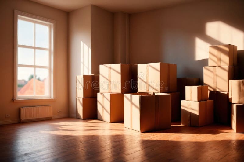 Moving Concept with Empty Bright Room and Moving Boxes Stock ...