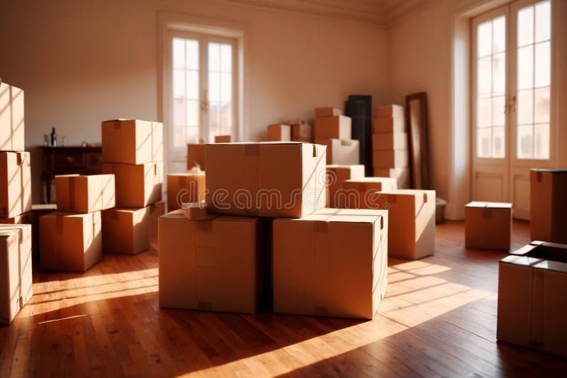 Moving Concept with Empty Bright Room and Moving Boxes Stock ...