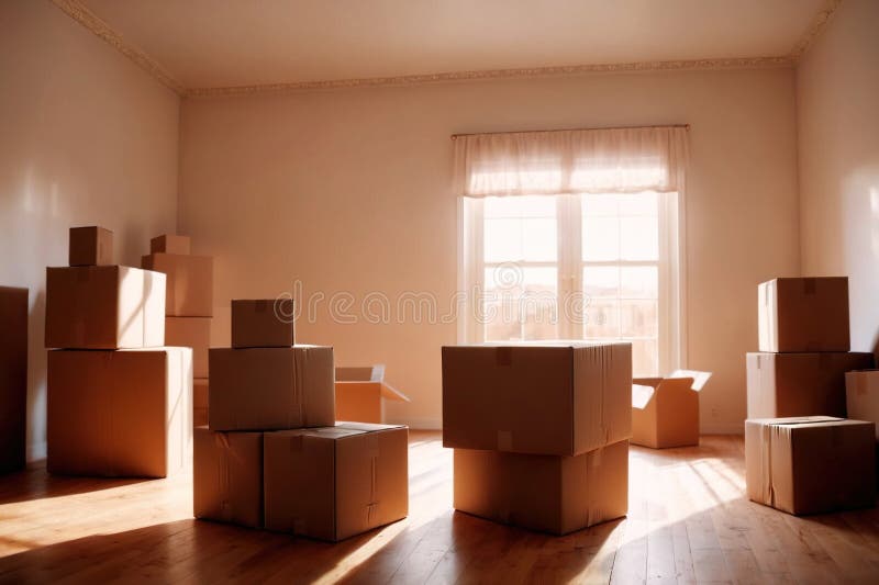 Moving Concept with Empty Bright Room and Moving Boxes Stock ...