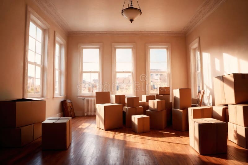 Moving Concept with Empty Bright Room and Moving Boxes Stock ...