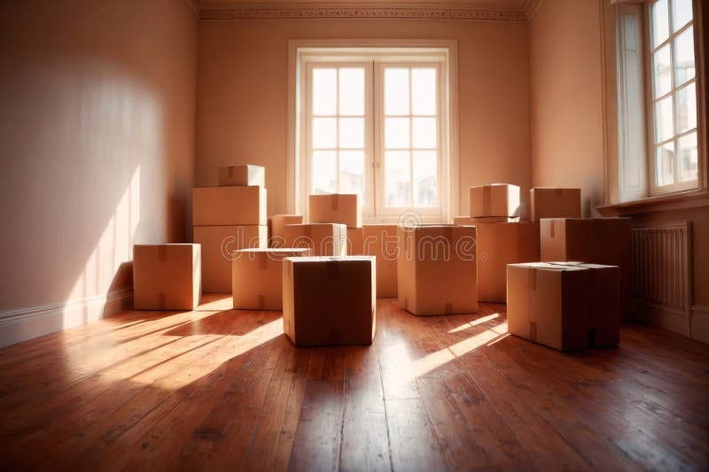 Moving Concept with Empty Bright Room and Moving Boxes Stock ...