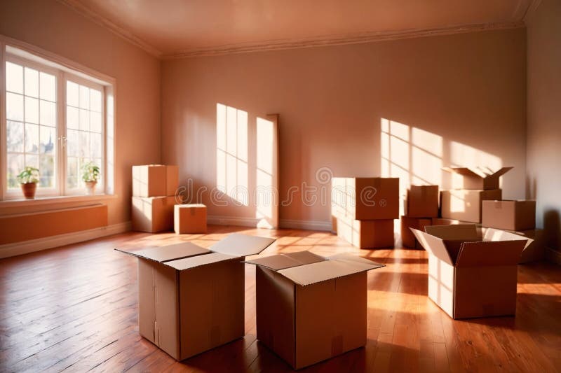 Moving Concept with Empty Bright Room and Moving Boxes Stock ...