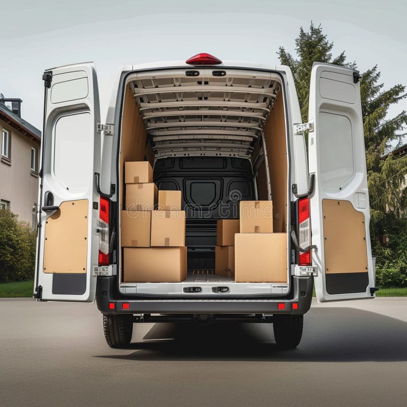 Moving Concept Open Cargo Van with Cardboard Boxes Loaded Stock ...
