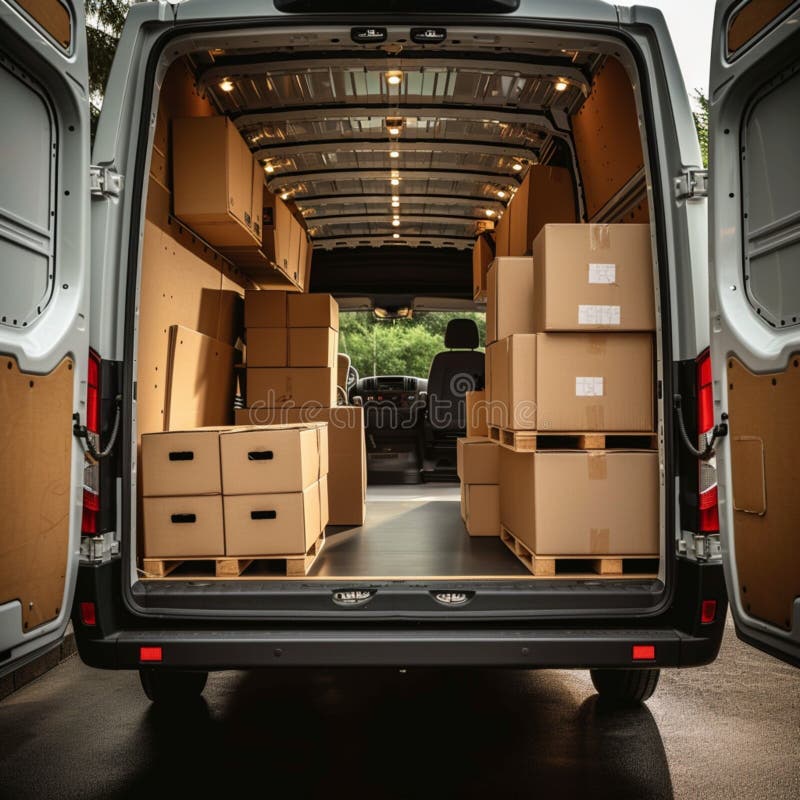 Moving Concept Open Cargo Van with Cardboard Boxes Loaded Stock ...