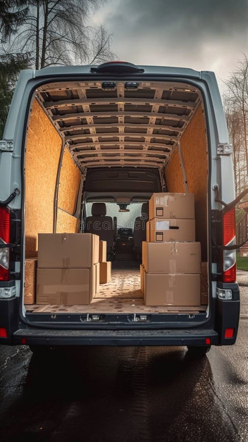 Moving Concept Open Cargo Van with Cardboard Boxes Loaded Stock ...
