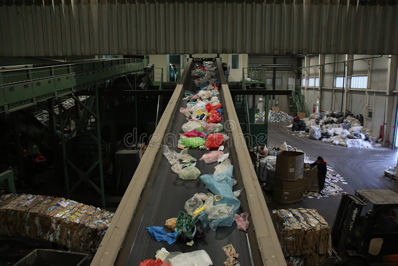 Moving Conveyor Transporter on Modern Waste Recycling Processing Plant ...