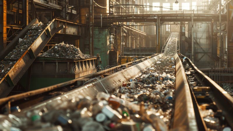 Moving Conveyor Transporter on Modern Waste Recycling Processing Plant ...