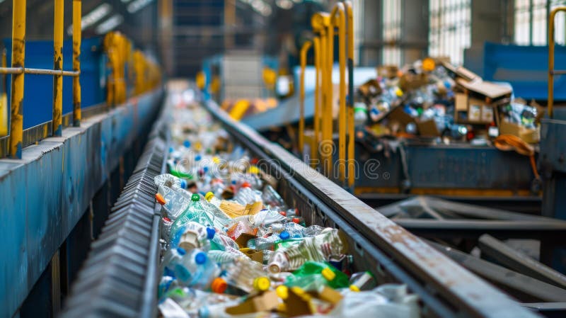 Moving Conveyor Transporter on Modern Waste Recycling Processing Plant ...