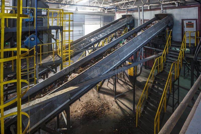 Moving Conveyor Transporter on Modern Waste Recycling Processing Plant ...