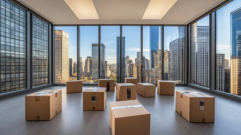 Moving Day Cardboard Boxes in Modern Office with City Skyline View ...