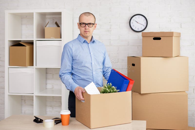 Moving Day Concept - Man Packing Boxes in Office Stock Image - Image of ...