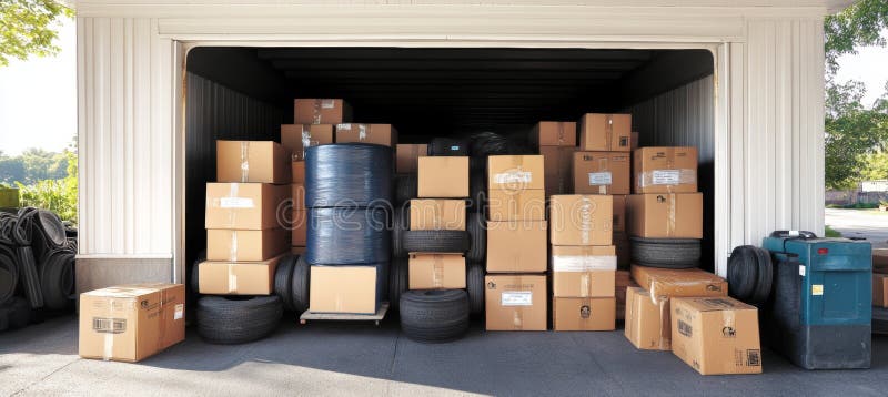 Moving Day Garage Overflowing with Cardboard Boxes, Tires, and Plastic ...
