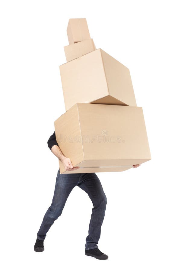 Moving Day, Man Lifting Cardboard Boxes Stock Image - Image of stack ...