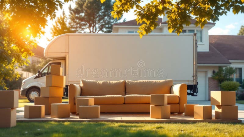 Moving Day Scene with Couch and Cardboard Boxes in Sunny Suburban ...