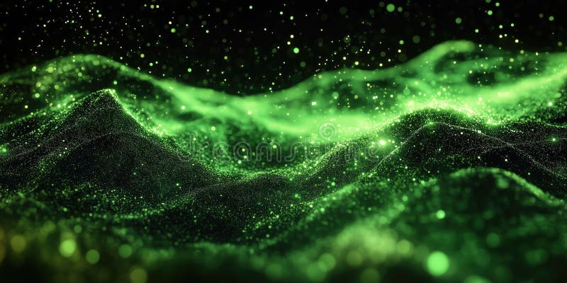 Moving Flow of Green Particles Flashing. Abstract Waveform Background ...