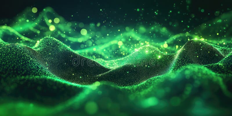 Moving Flow of Green Particles Flashing. Abstract Waveform Background ...