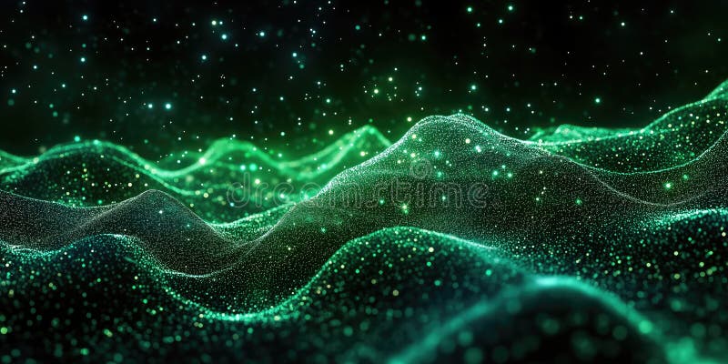 Moving Flow of Green Particles Flashing. Abstract Waveform Background ...