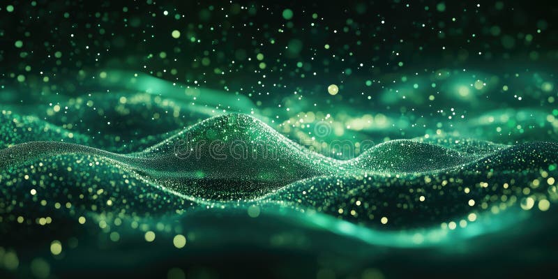 Moving Flow of Green Particles Flashing. Abstract Waveform Background ...