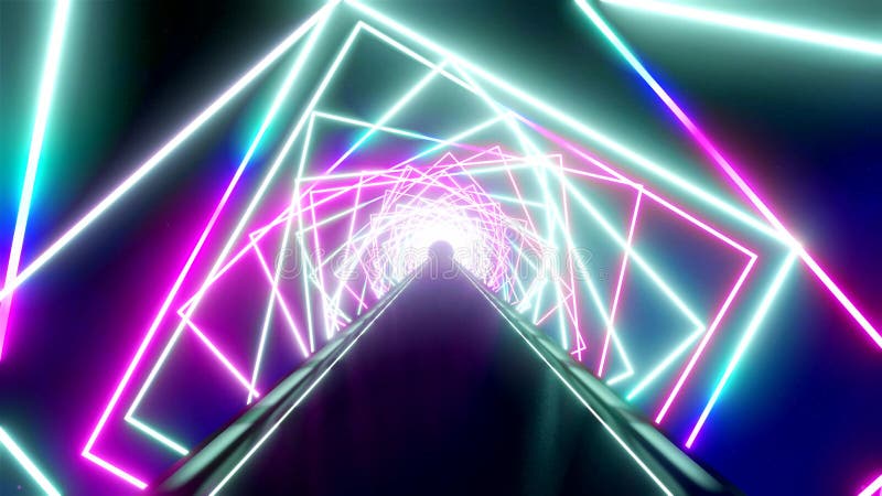 Moving Forward Inside Futuristic Tunnel with Glowing Neon Lights, Stars ...