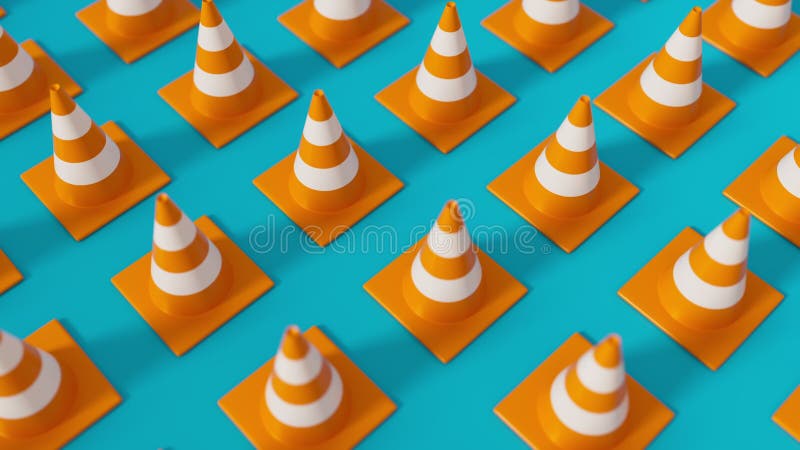 Moving Grid of Orange Traffic Cones with Shallow Dof on Blue Background ...